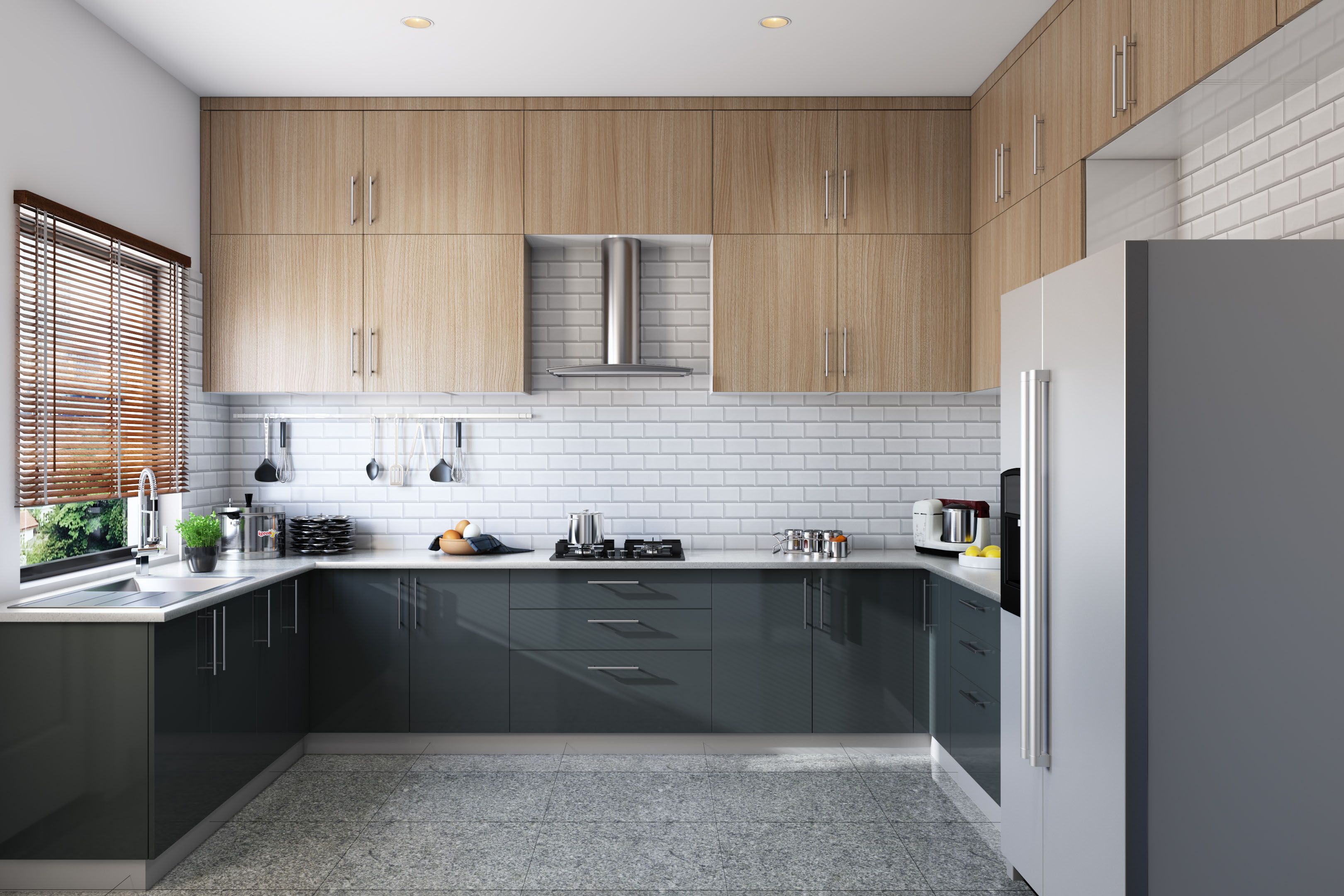 Contemporary U-Shaped Kitchen Design With Cabinets and Backsplash ...