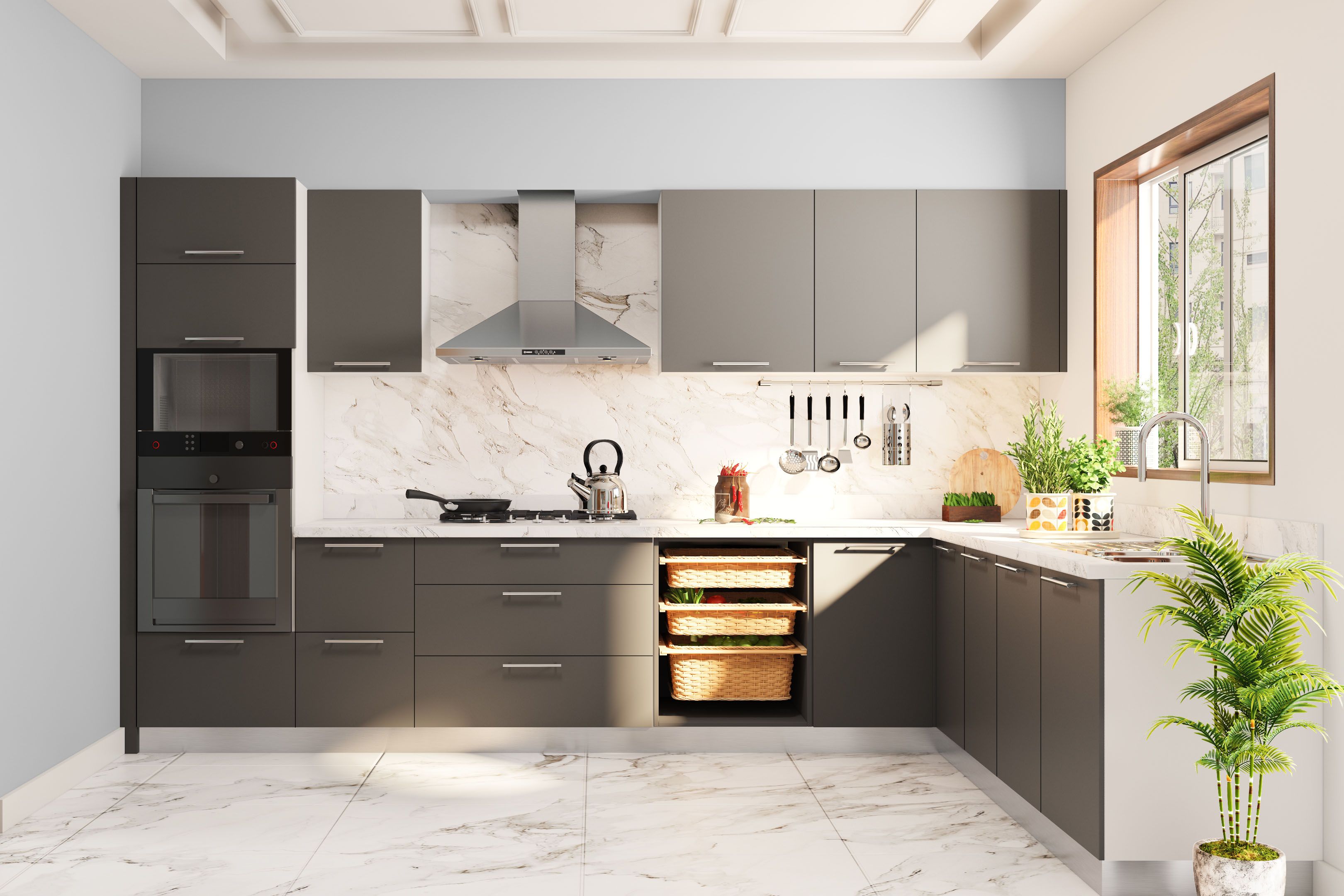 Gothic Grey Contemporary L-Shaped Kitchen Design With Storage Cabinets ...