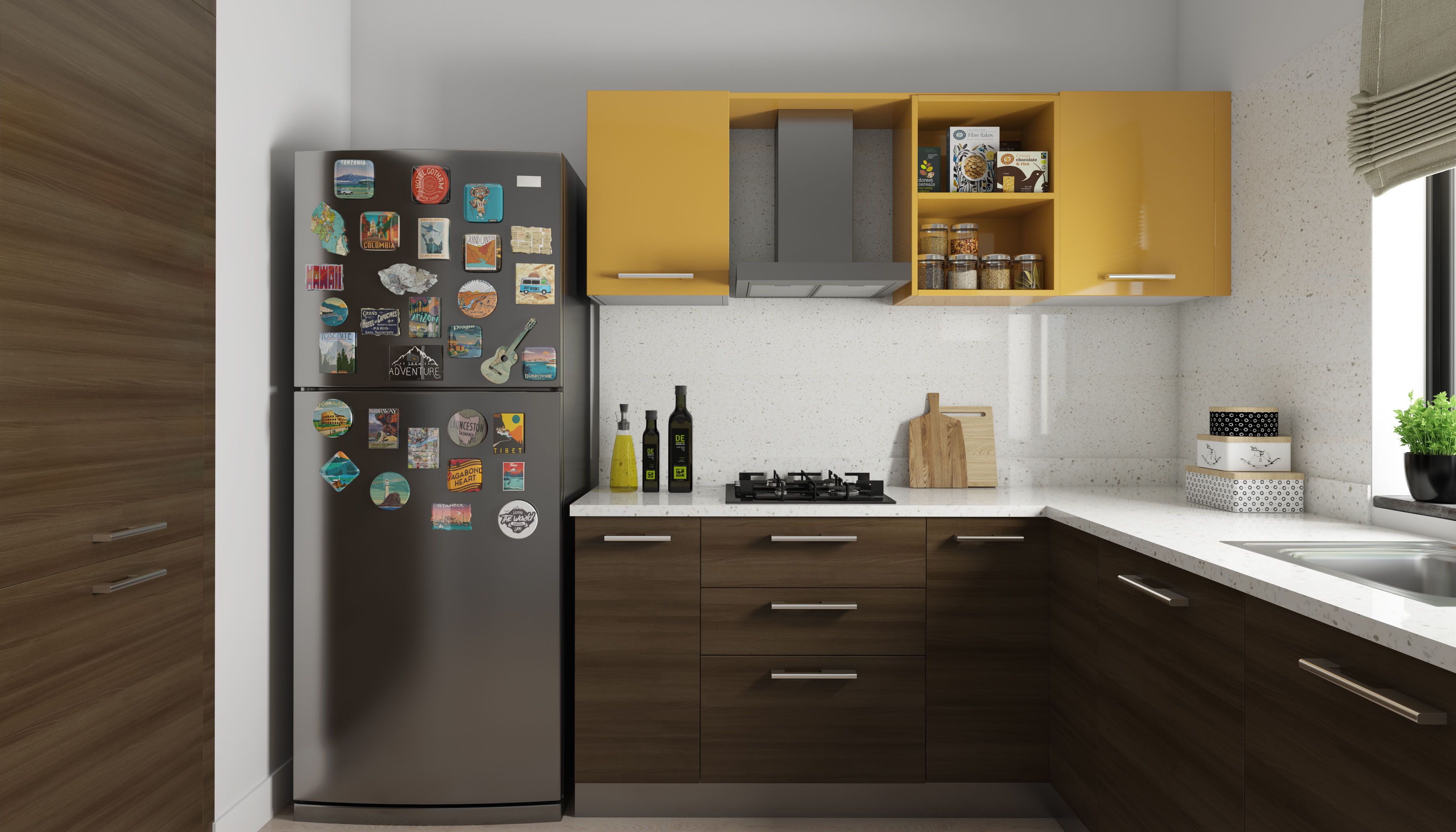 Classic L-Shaped Kitchen Design: Dark Brown Base Units & Yellow Wall ...