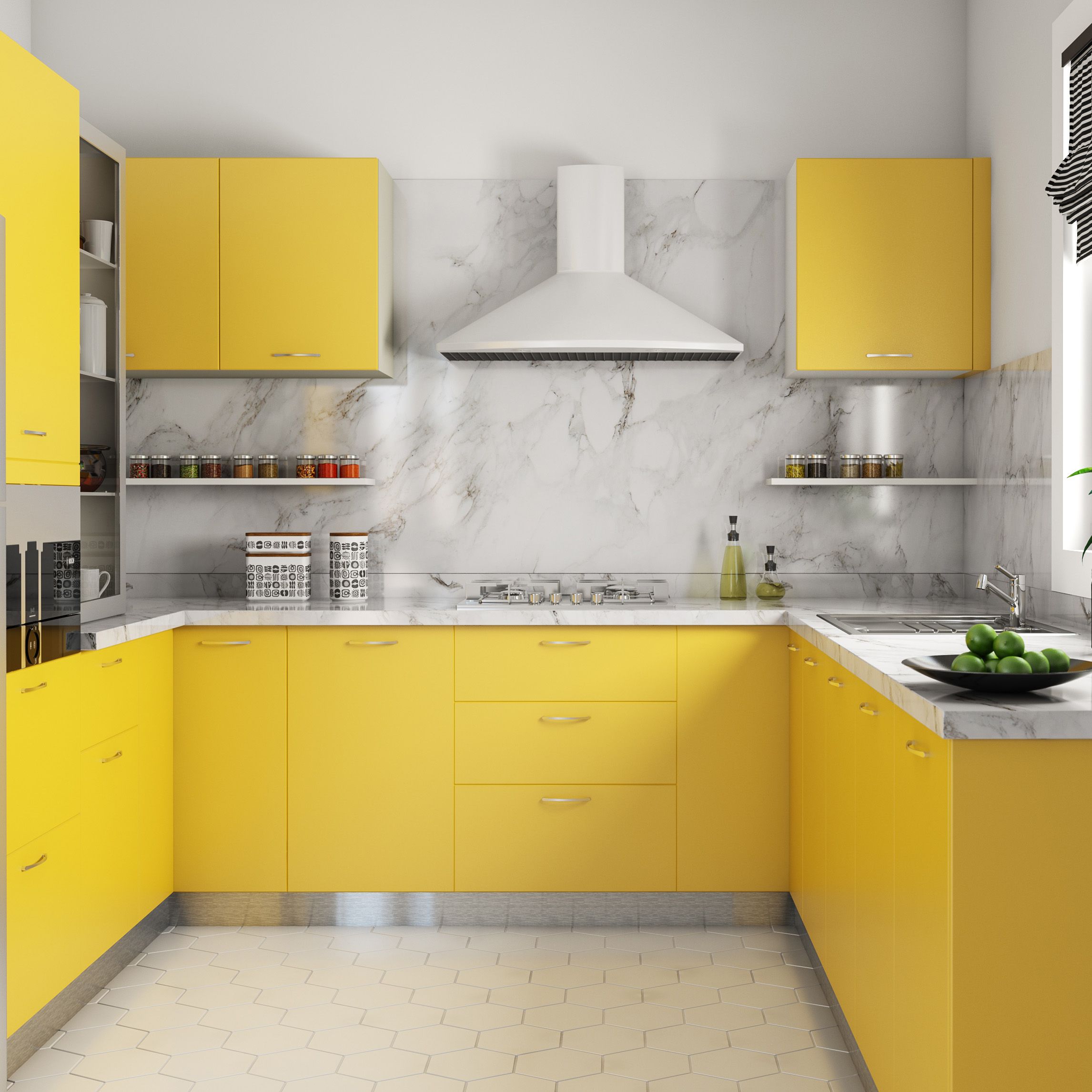 Glossy White and Grey Marble Kitchen Tile Design | Livspace