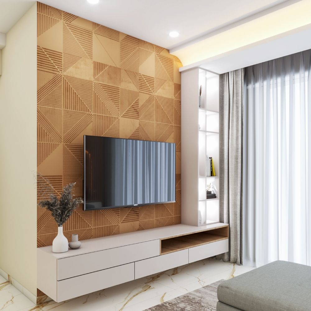 White And Wood Spacious TV Unit Design With White Storage Unit | Livspace