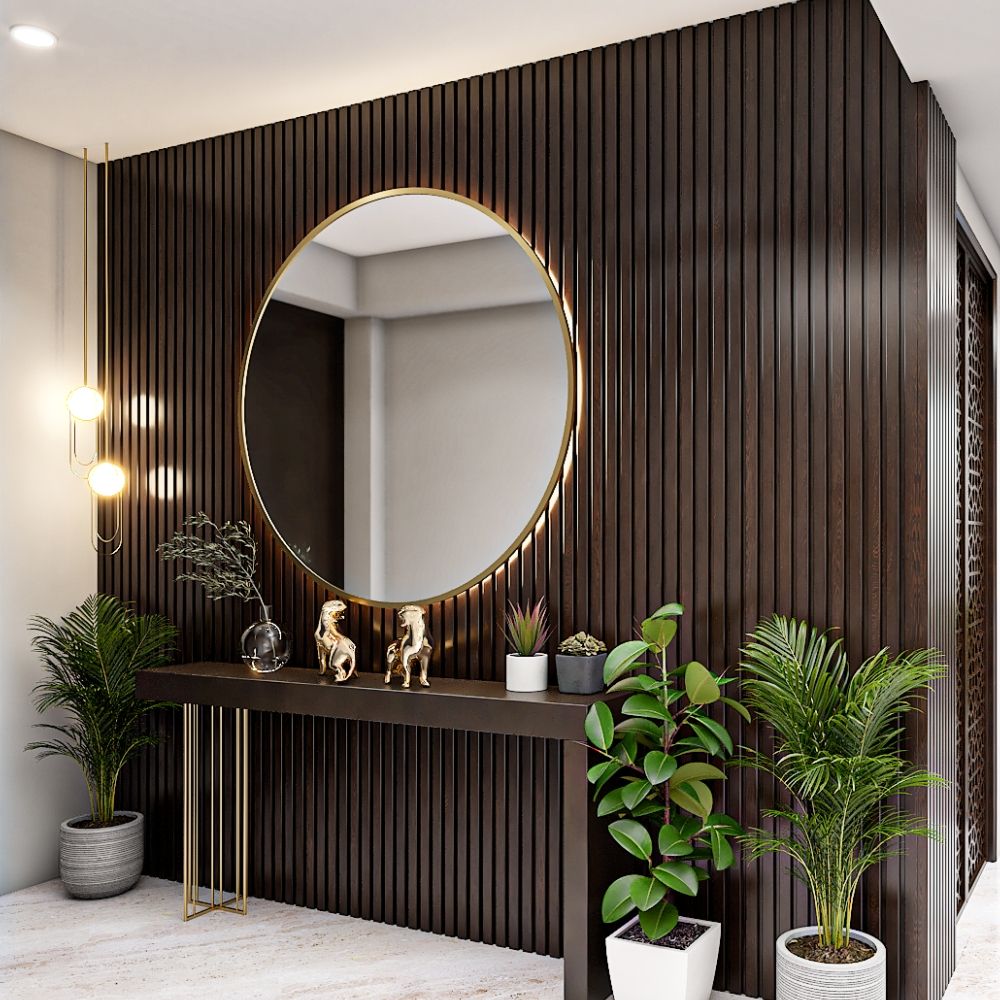 Dark Brown Foyer Wall Design With Floor-To-Ceiling Wooden Panels