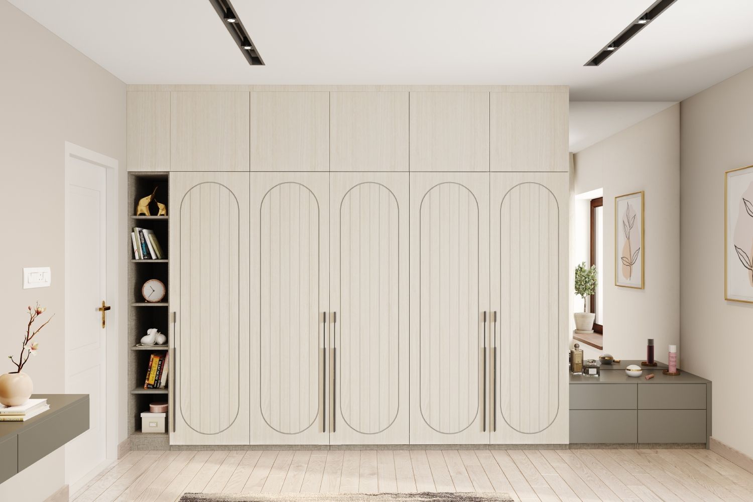 5-Door Contemporary Swing Wardrobe Design with Open Shelf and Mirror ...
