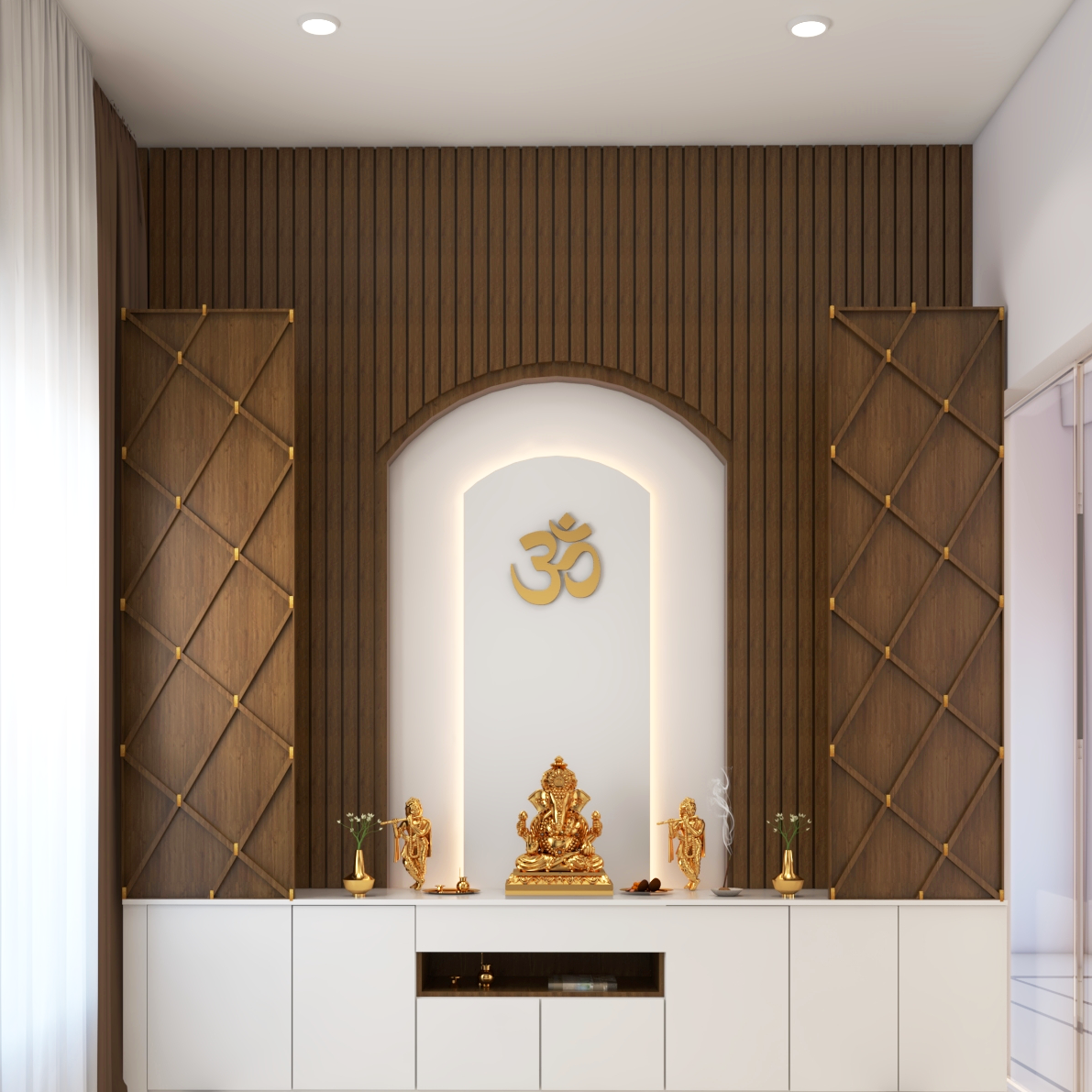 Classic Spacious Prayer Room Design Idea with Embossed Panelling | Livspace