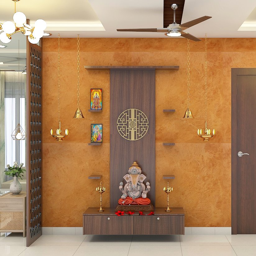 Traditional Spacious Pooja Room Design with Hanging Bells | Livspace