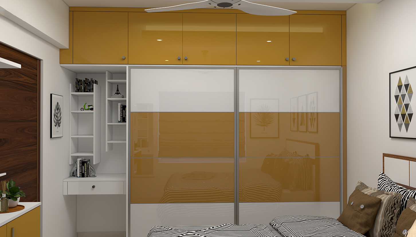 Artistic Wardrobe with Shades of Yellow and Mini-Ledges | Livspace
