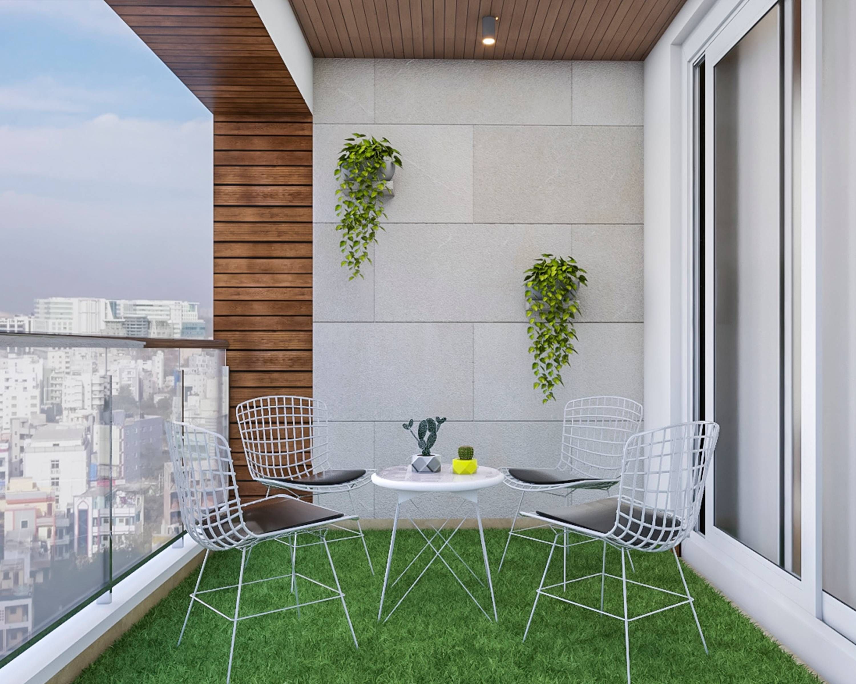 Modern Style Balcony Design With Plants And Seating Area | Livspace
