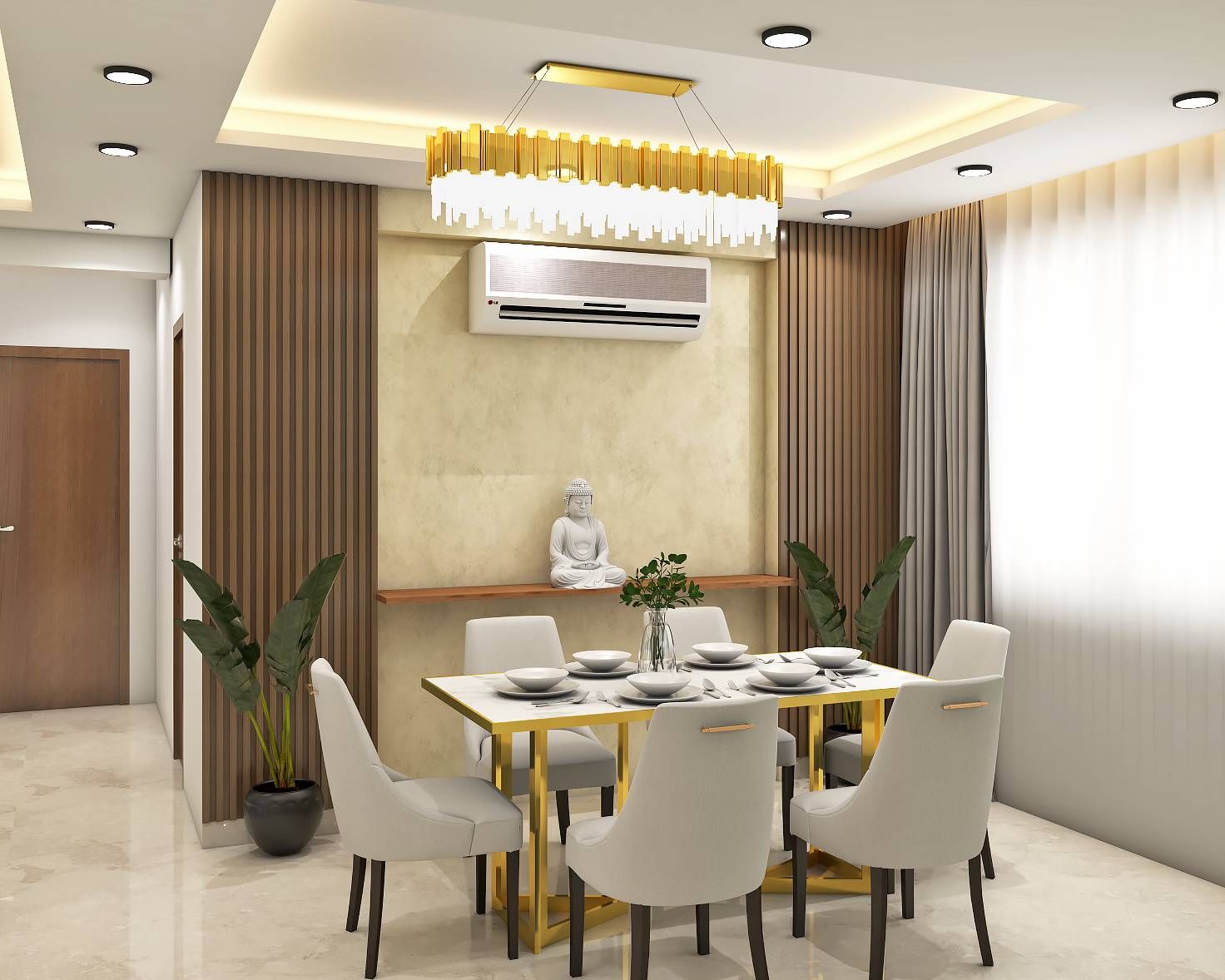 Contemporary Dining Room Design With Beige Wall And Chandelier | Livspace