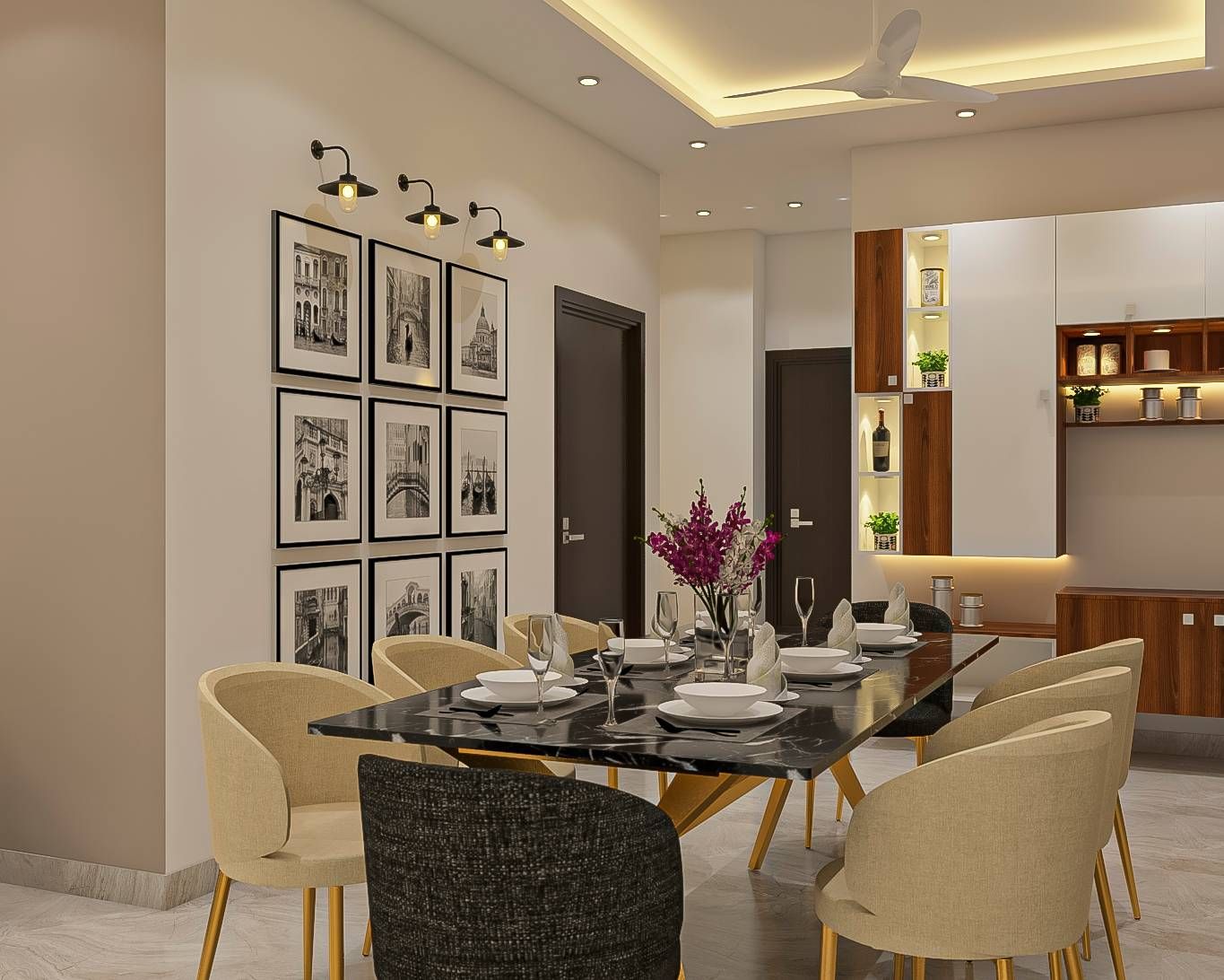 Spacious Dining Room Design With Black Marble Table Top | Livspace