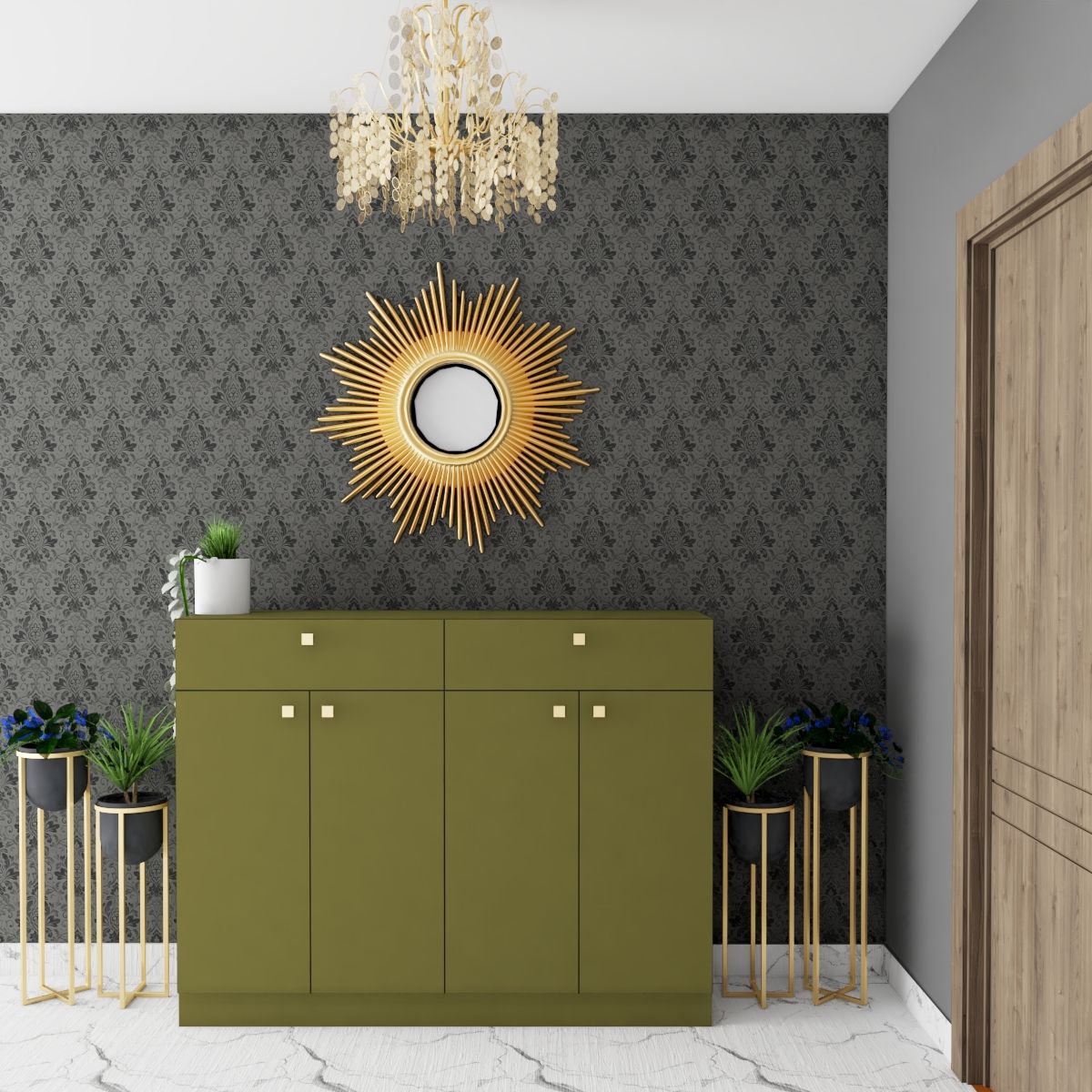 Dark-Shaded Foyer Design With Damask Wallpaper And Green Storage Unit ...