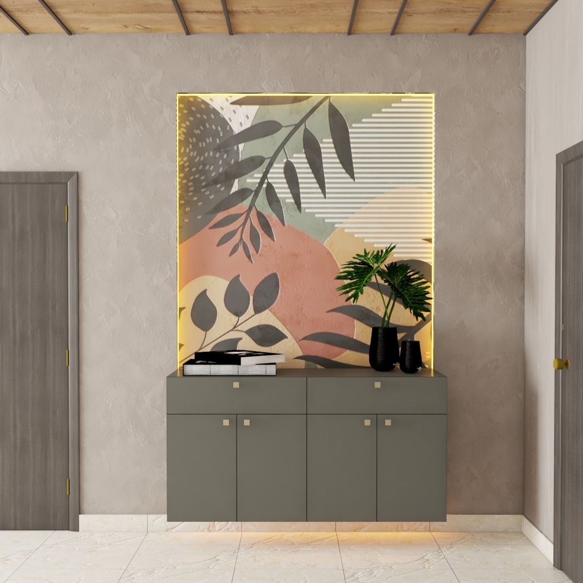 Modern Foyer Design With Tropical Wallpaper And Grey Cabinet Storage ...