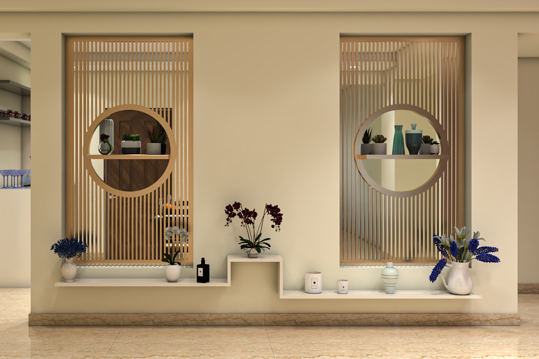 Contemporary Foyer Design With Jaali Patterns And Low-Hanging Shelf ...