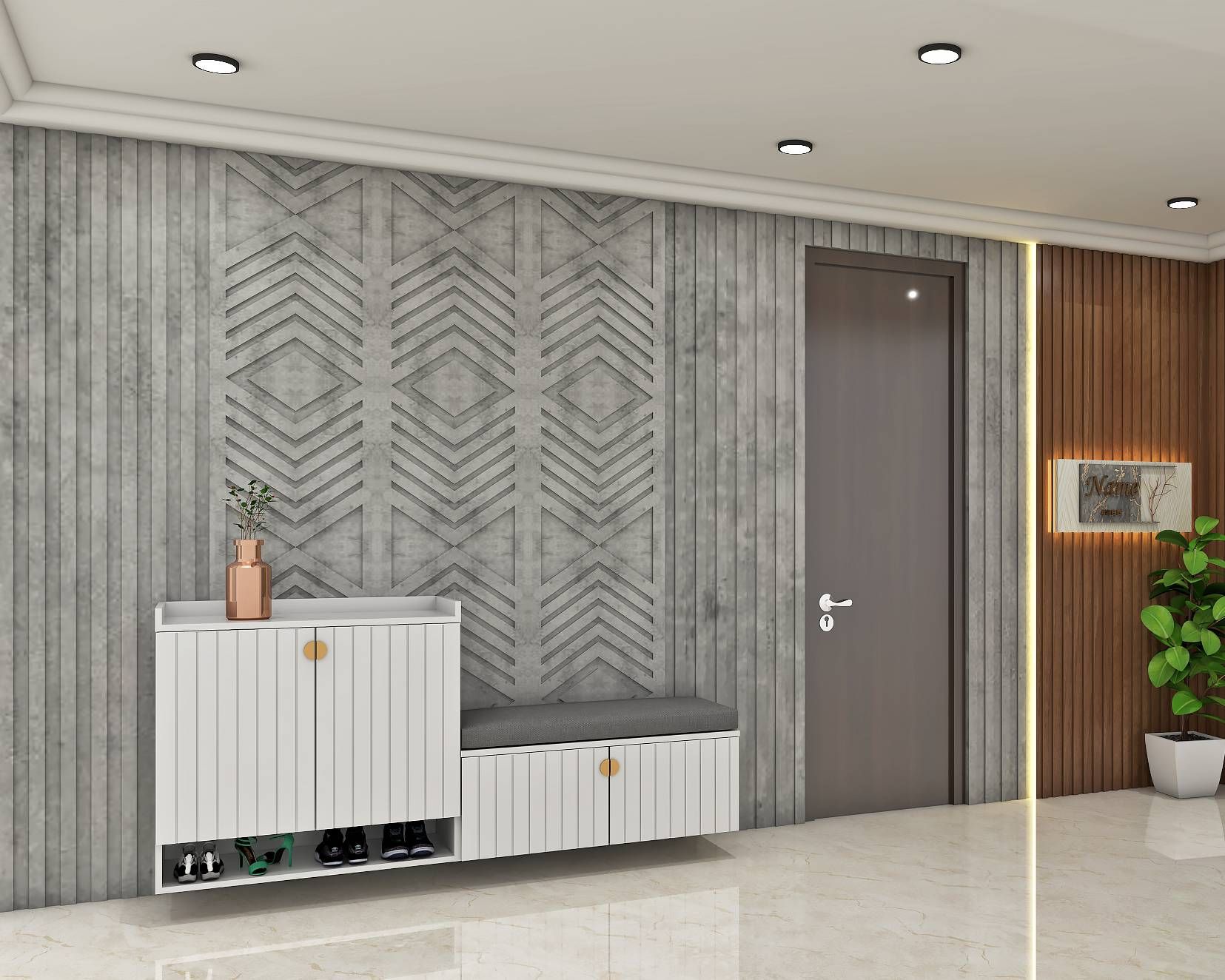 Compact Foyer Design With Rustic Grey Wallpaper And Storage Unit | Livspace