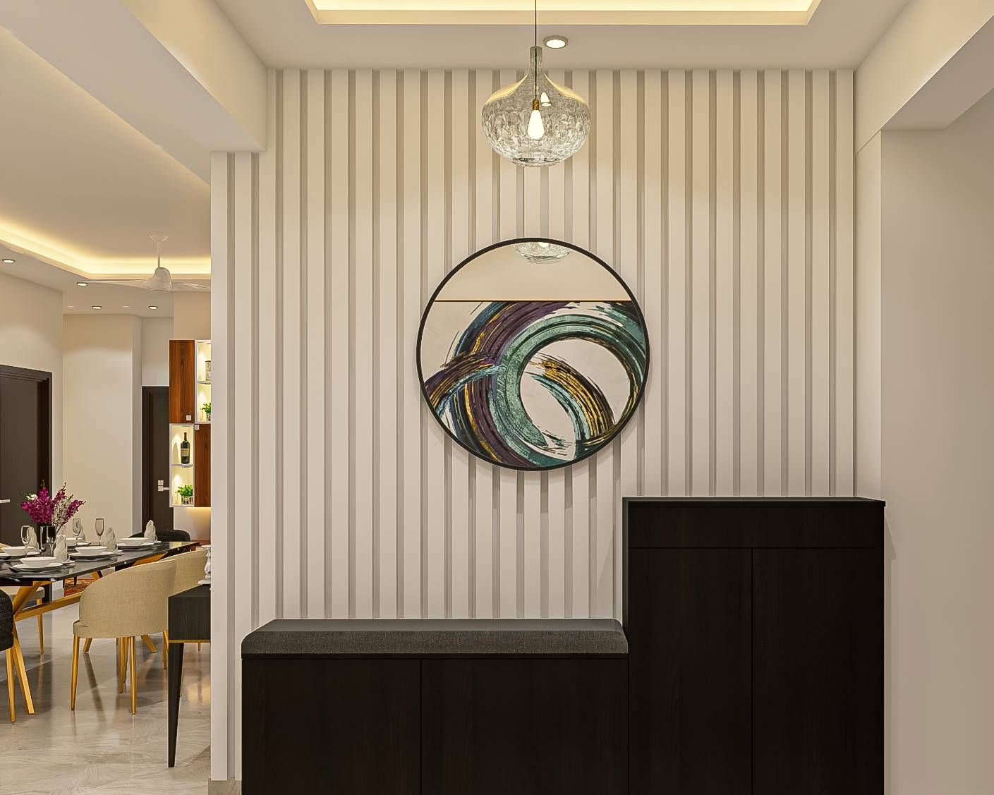 Spacious Foyer Design With White Fluted Panels | Livspace