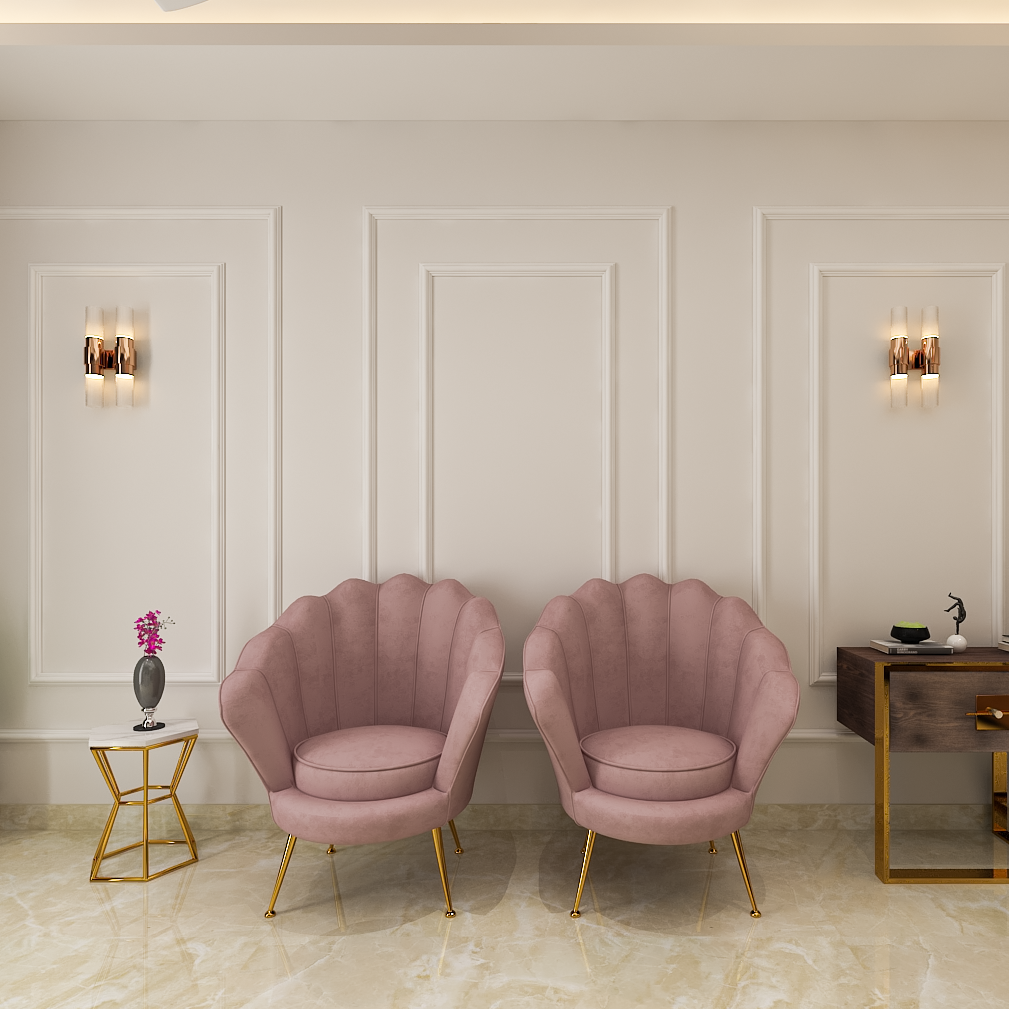Modern Foyer Design With Pastel Pink Chairs And White Trims On Wall ...