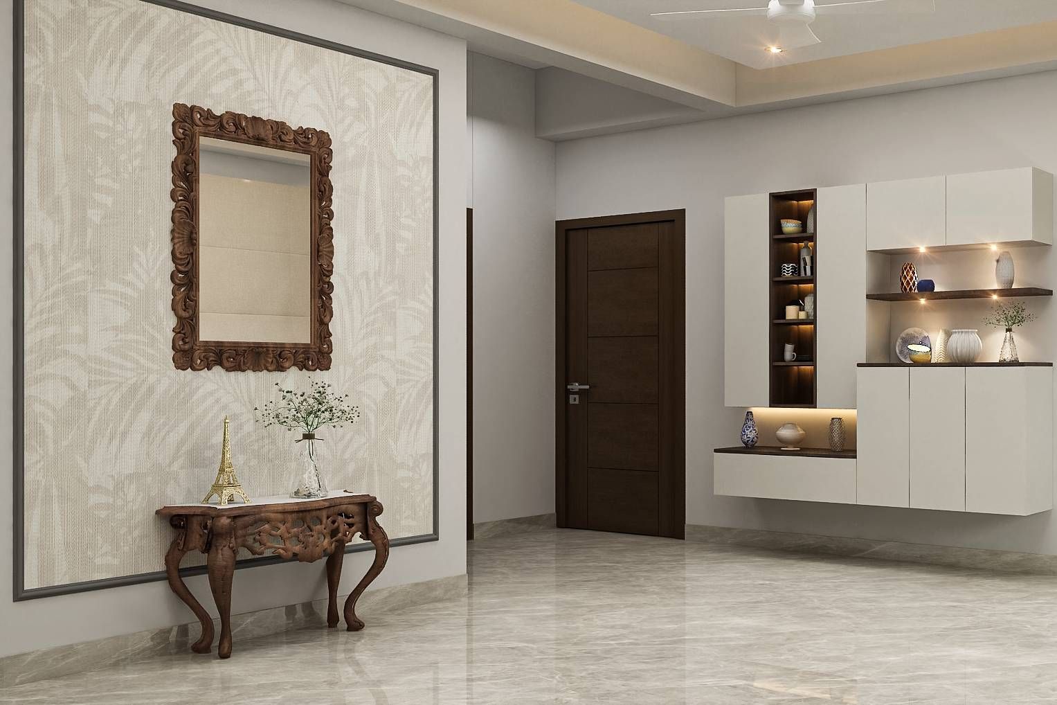 Modern Foyer Design With Square Beige Wallpaper And Wooden Antiques ...