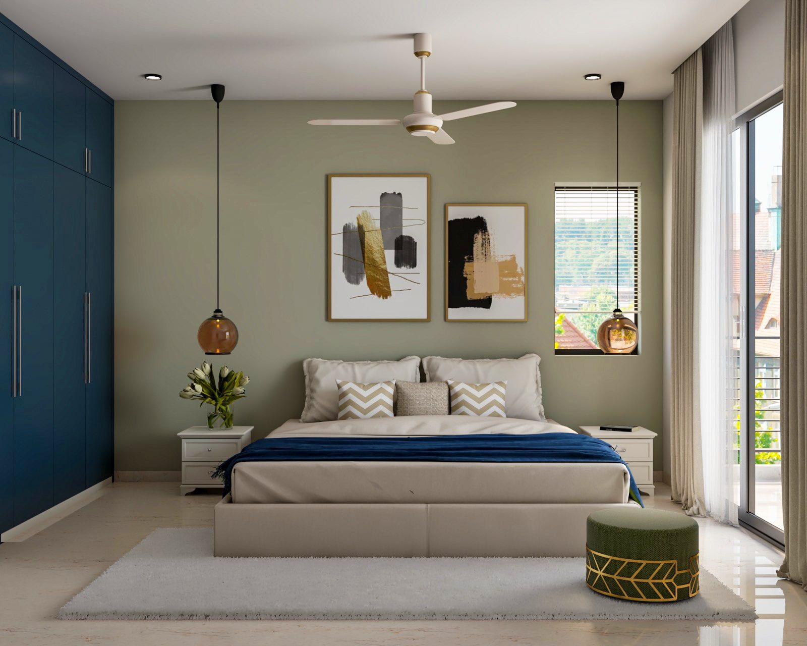 Modern Guest Bedroom Design With Blue Wardrobe And Large Windows | Livspace