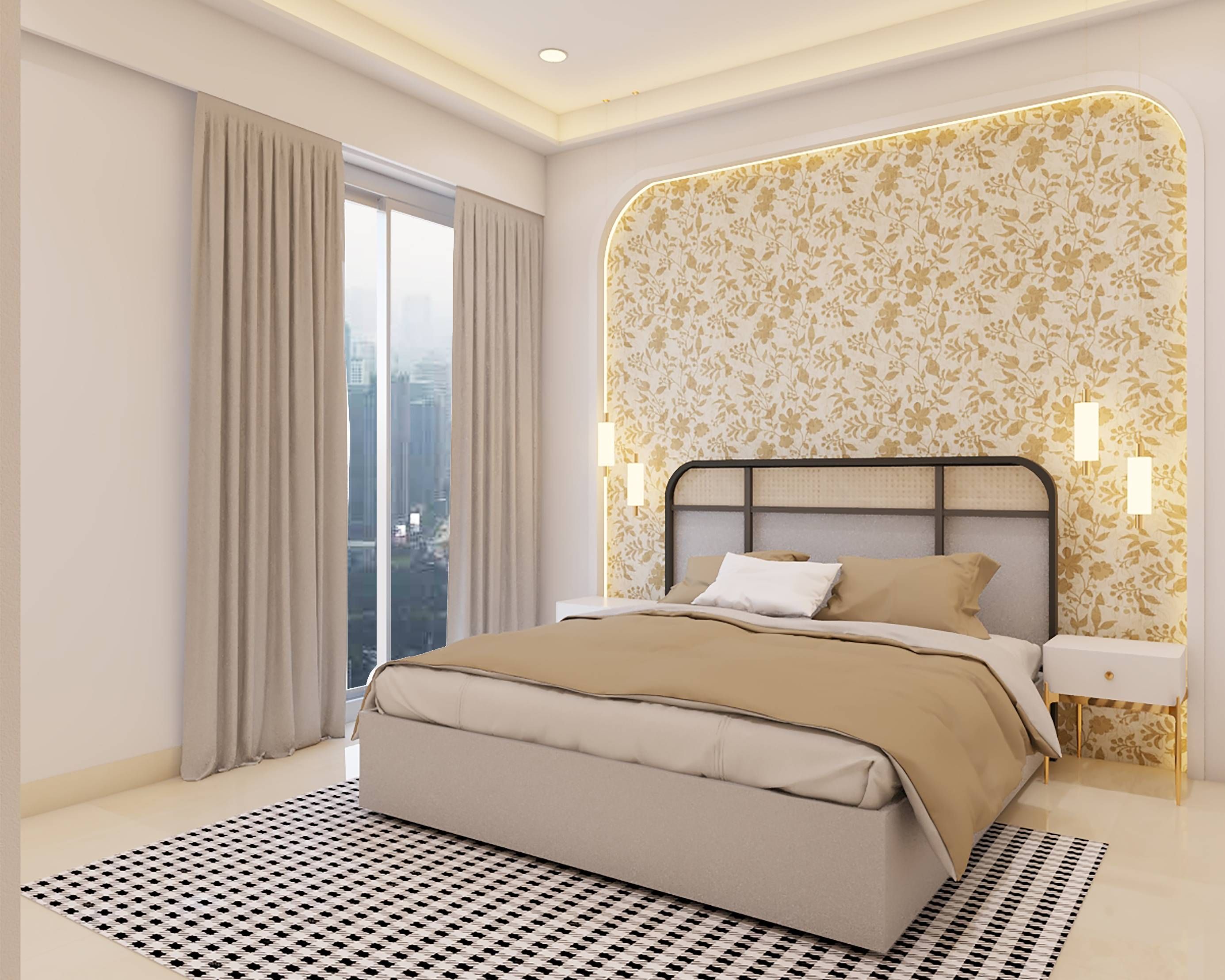 Spacious Guest Bedroom Design With Beige Floral Wallpaper | Livspace