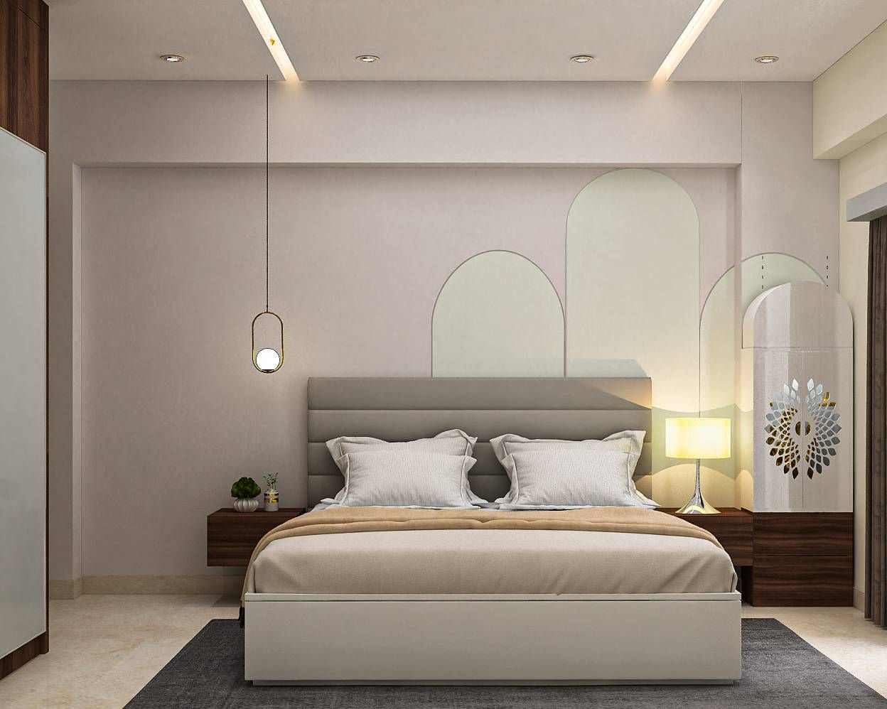 Modern Guest Bedroom Design With Brown Headboard And Ambient Lights ...
