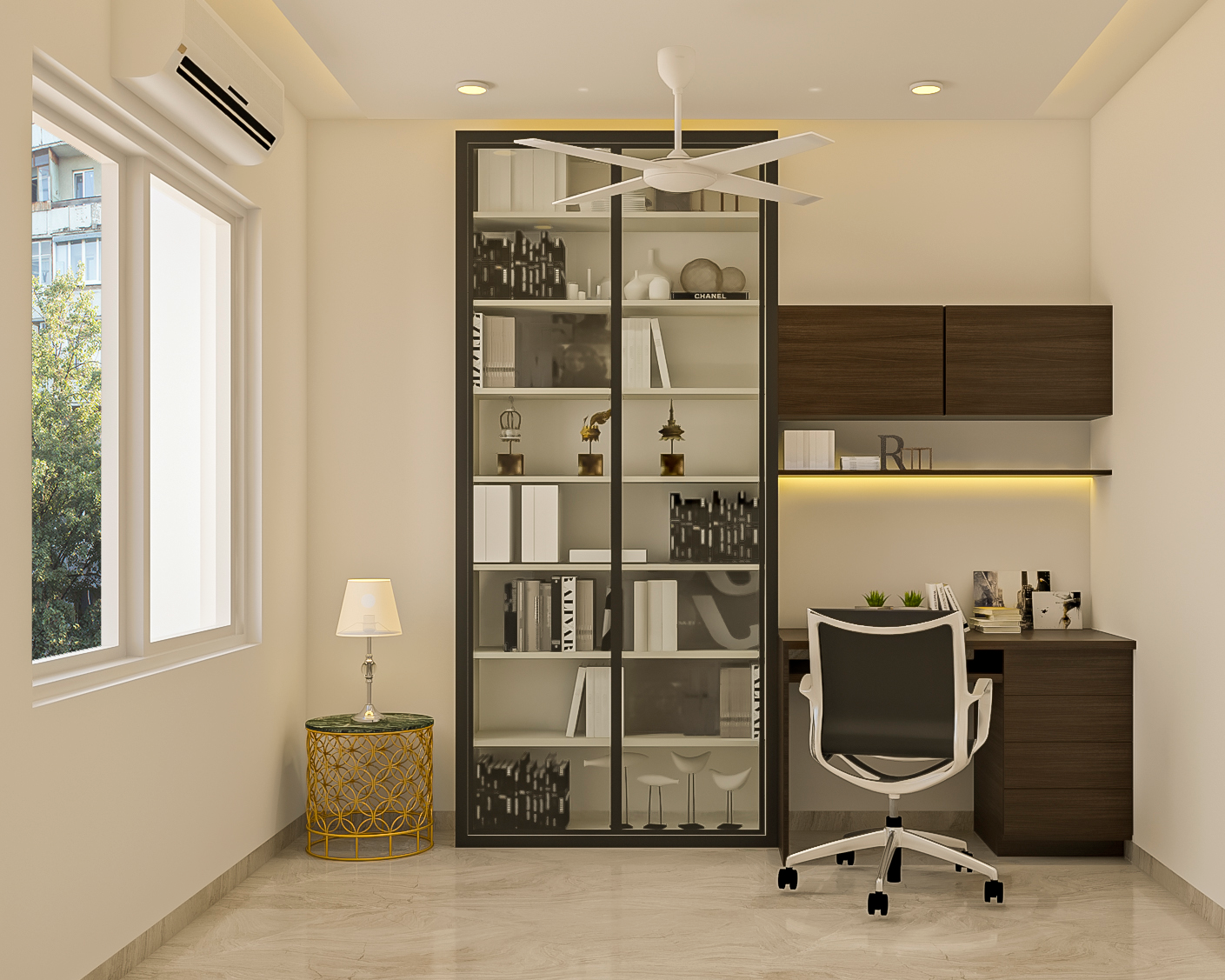 Modern Study Room Design With Tall Book Rack And Floating Ledge | Livspace