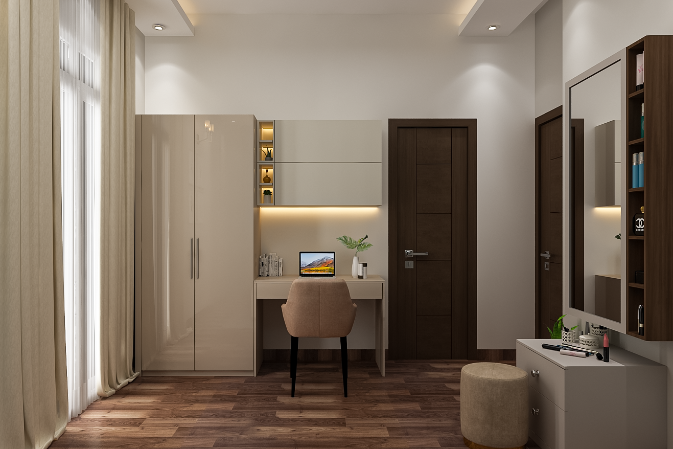 Compact Beige Toned Home Office Design With Study And Wardrobe | Livspace