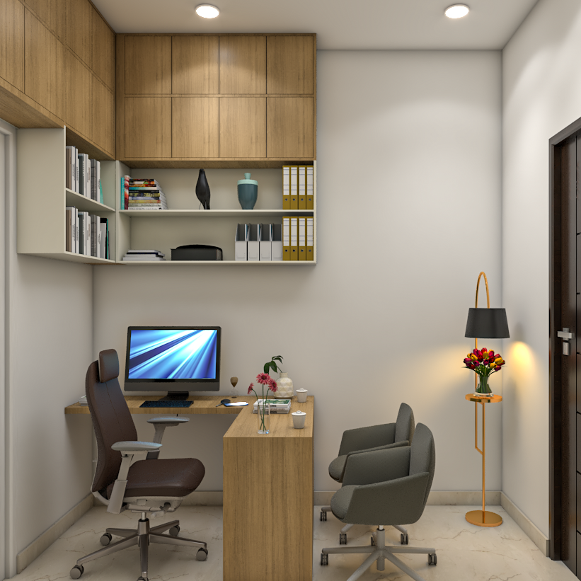 Compact Home Office Design With L-Shaped Wooden Workdesk And Ceiling ...