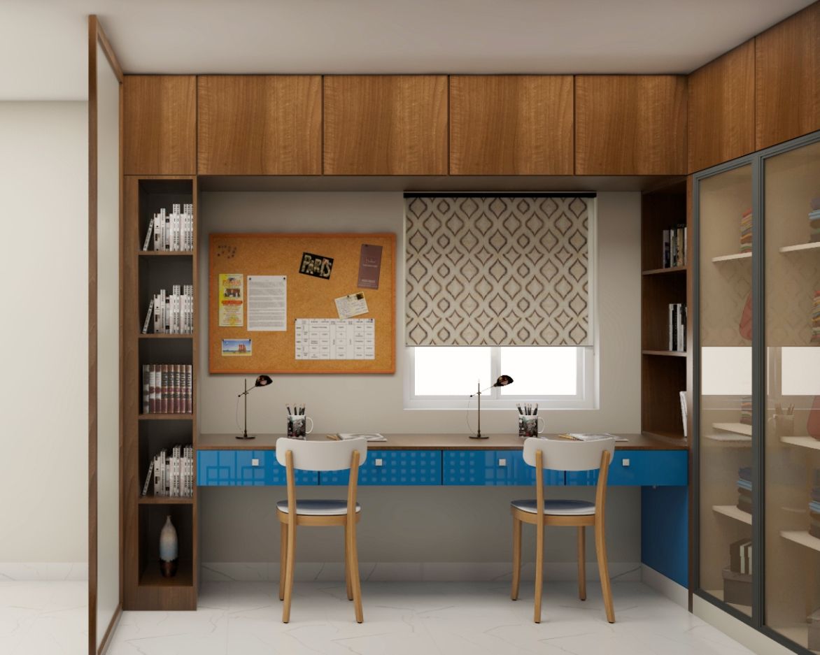 Spacious Home Office With Blue Textured Laminates | Livspace