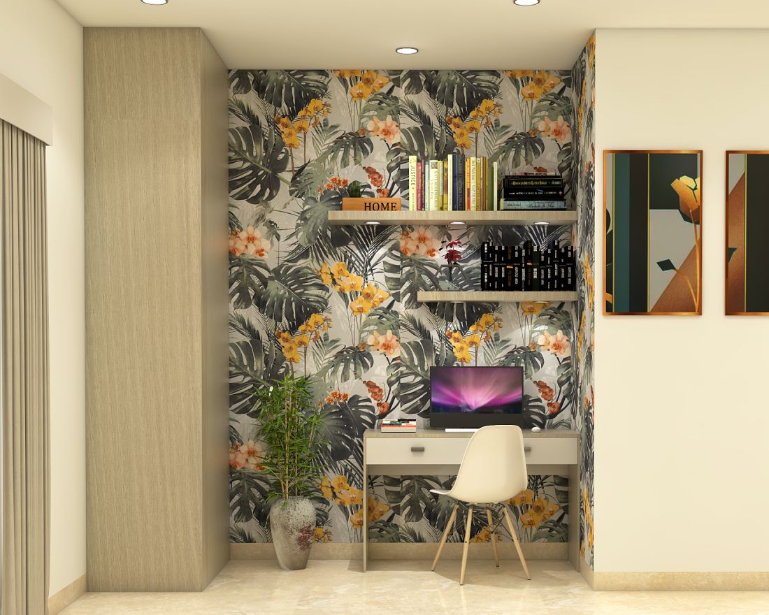 Modern Home Office With Vibrant Wallpaper On Accent Wall | Livspace
