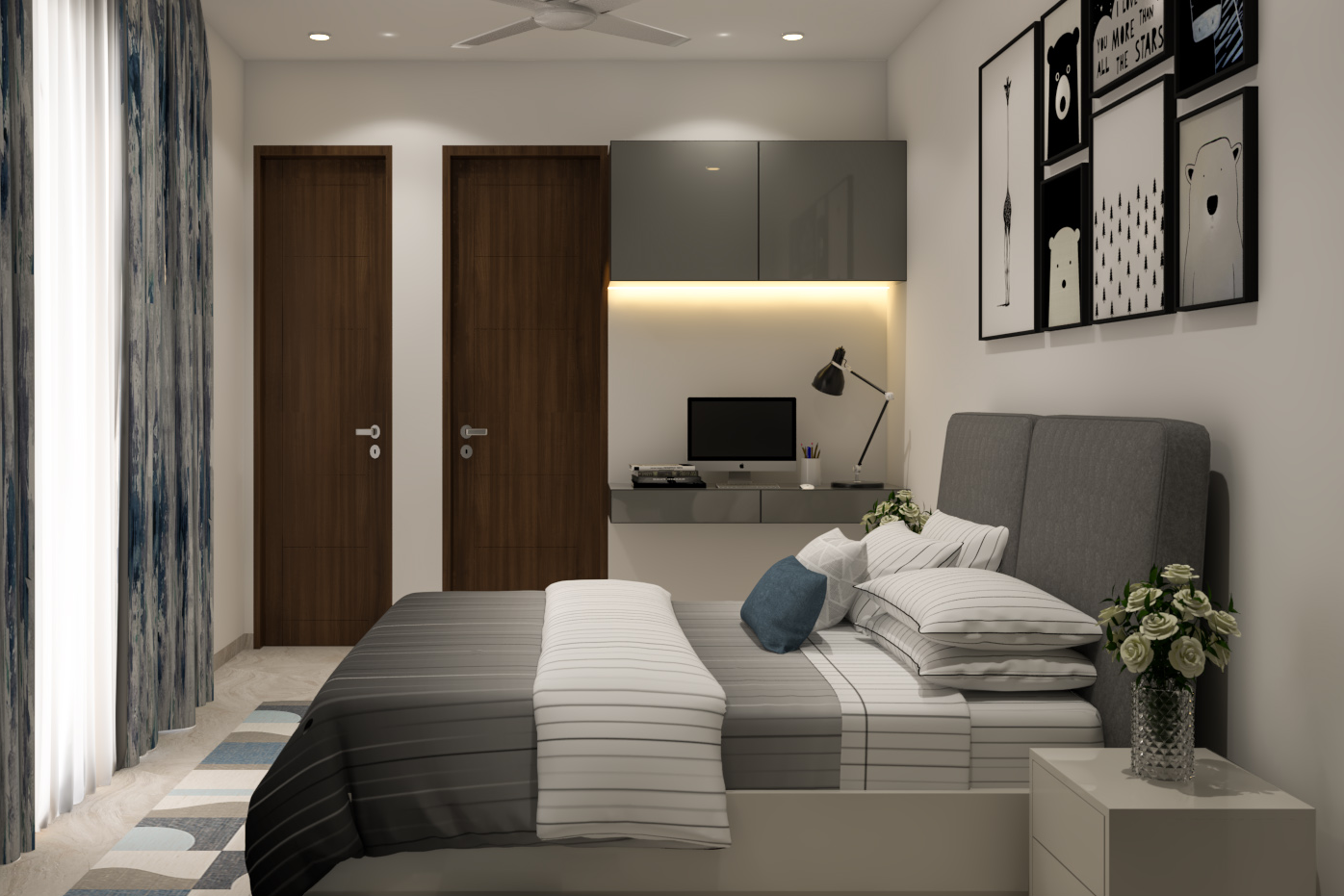 Classy Grey-Themed Kid's Bedroom With Wardrobe And Wall Art | Livspace