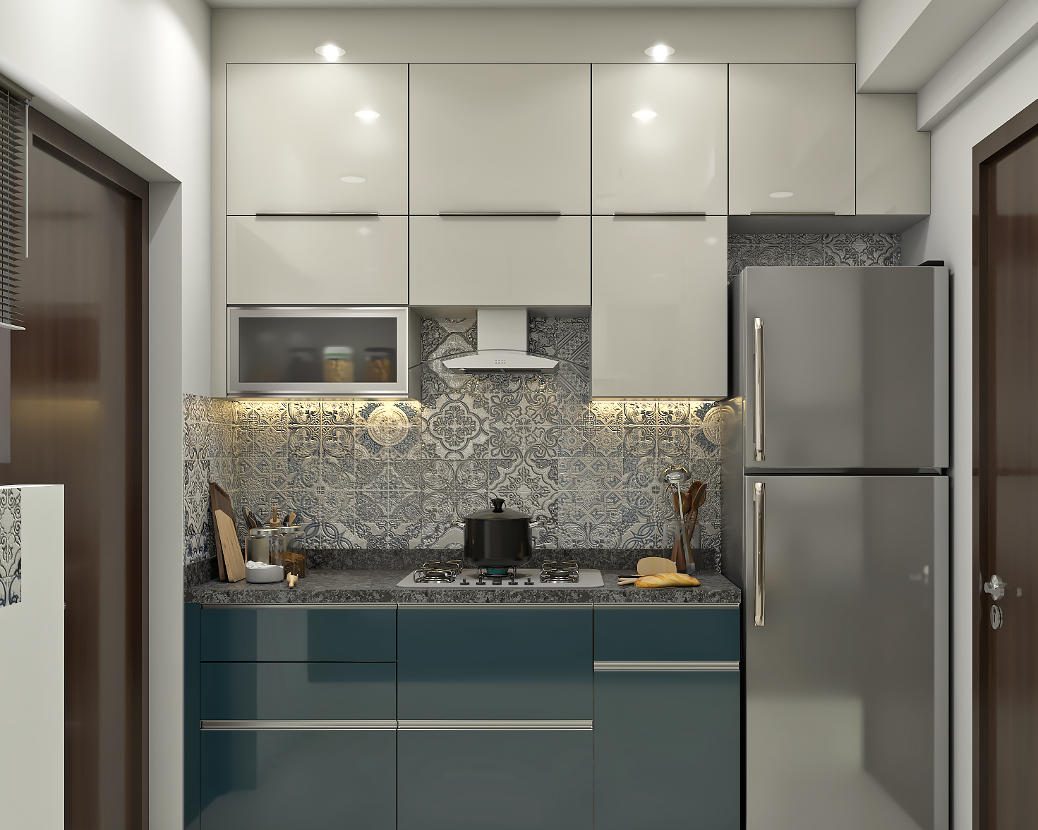 Compact Parallel Kitchen Design with Blue Cabinets | Livspace