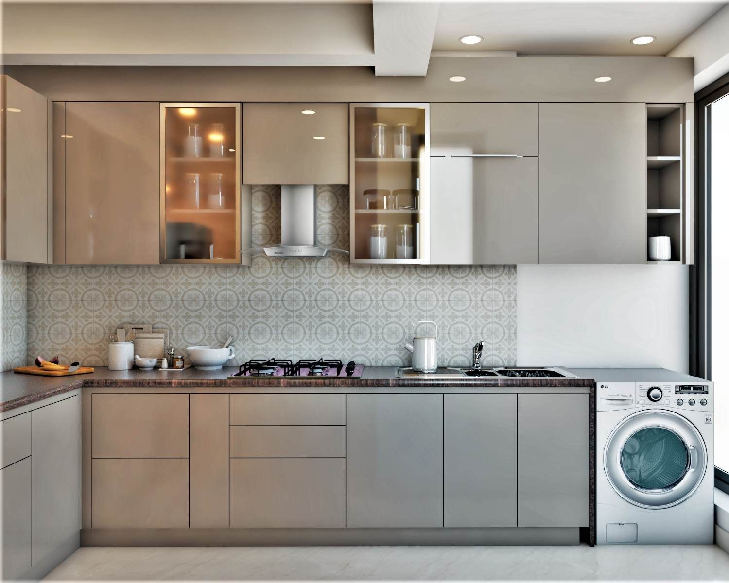Modern Kitchen Design With L-Shaped Beige Acrylic Shutters | Livspace