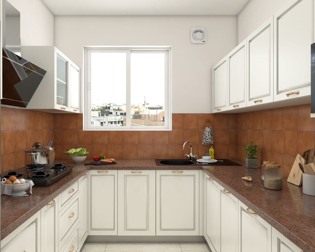 Compact U-Shaped Kitchen Design With Profiled White Shutters | Livspace