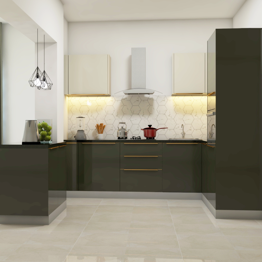 Compact Black Kitchen Design With Patterned Countertop | Livspace