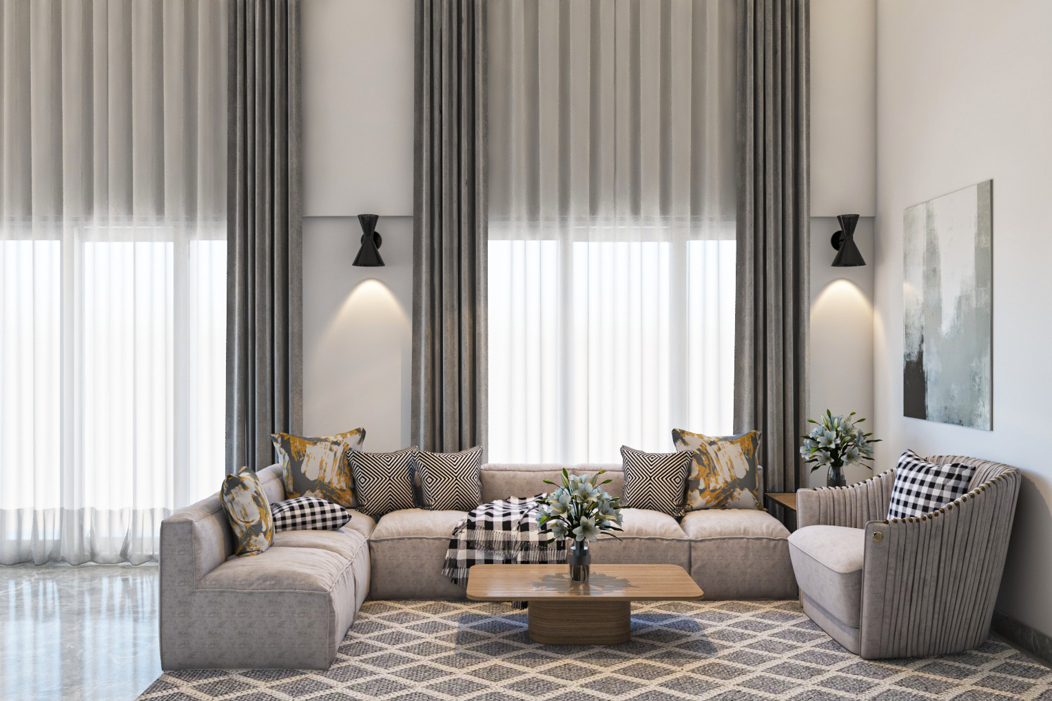 Modern Living Room Design With Grey Sofa And Wooden Coffee Table | Livspace