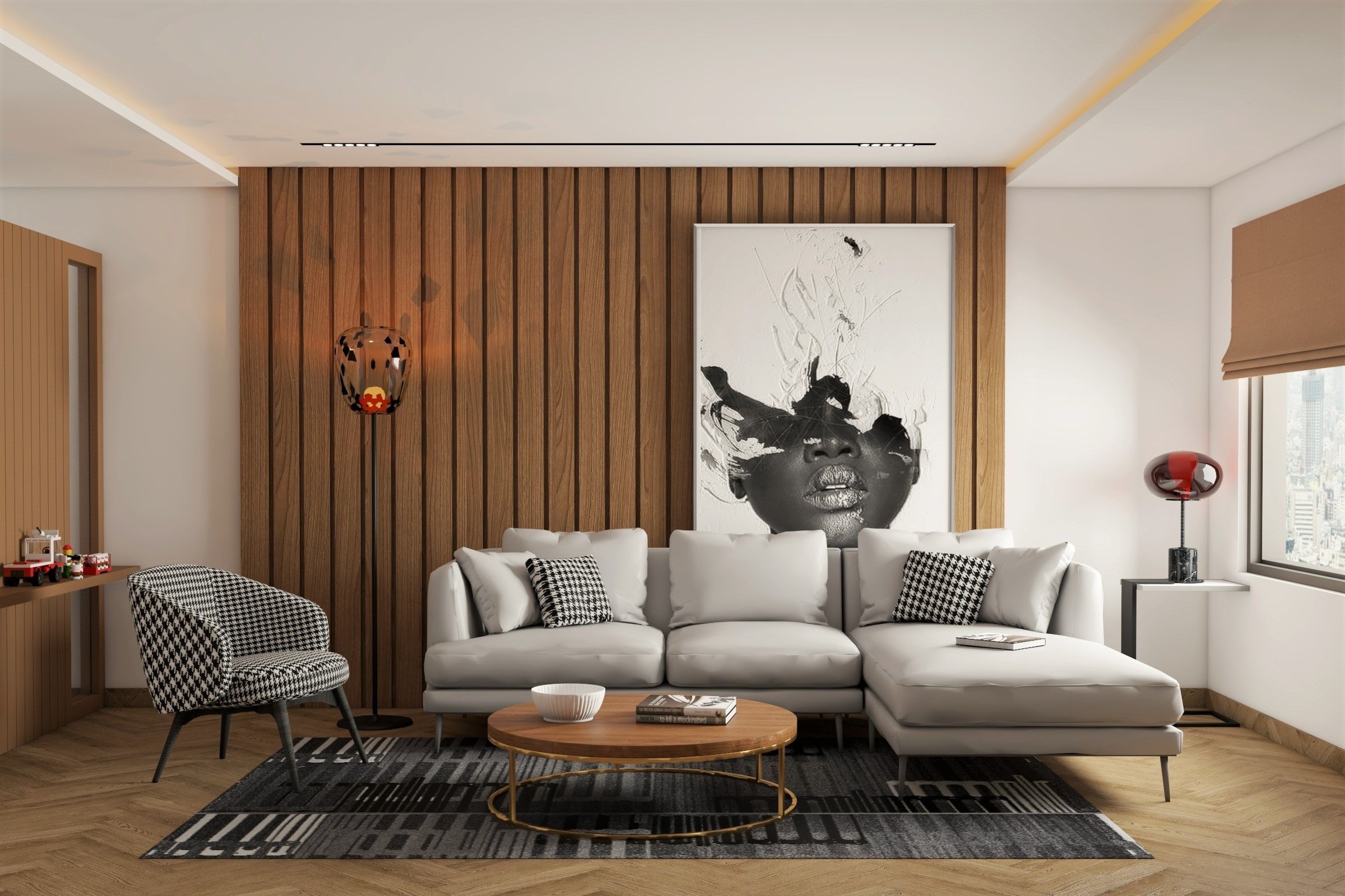 Spacious Living Room Design With Wooden Panels And Monochrome Picture ...