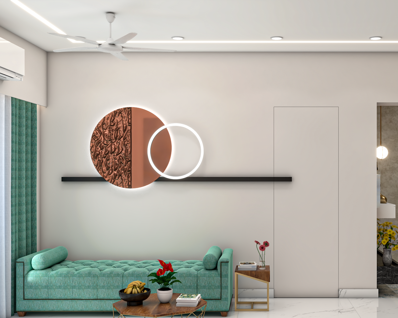 Spacious Modern Style Living Room Design With Wall Art | Livspace