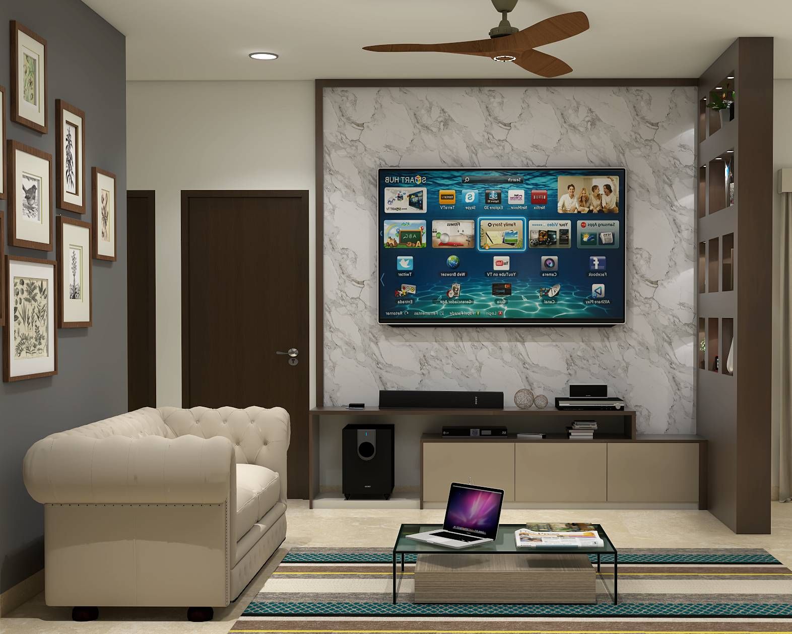 Spacious Living Room Design With White Marble Backsplash | Livspace