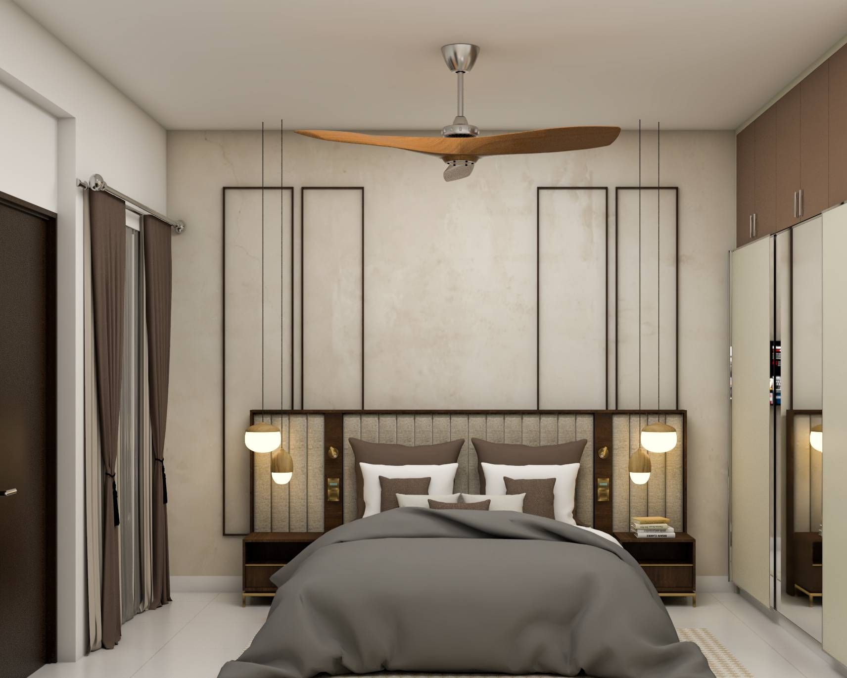 Contemporary Grey-Themed Master Bedroom Design With Pendant Lights ...