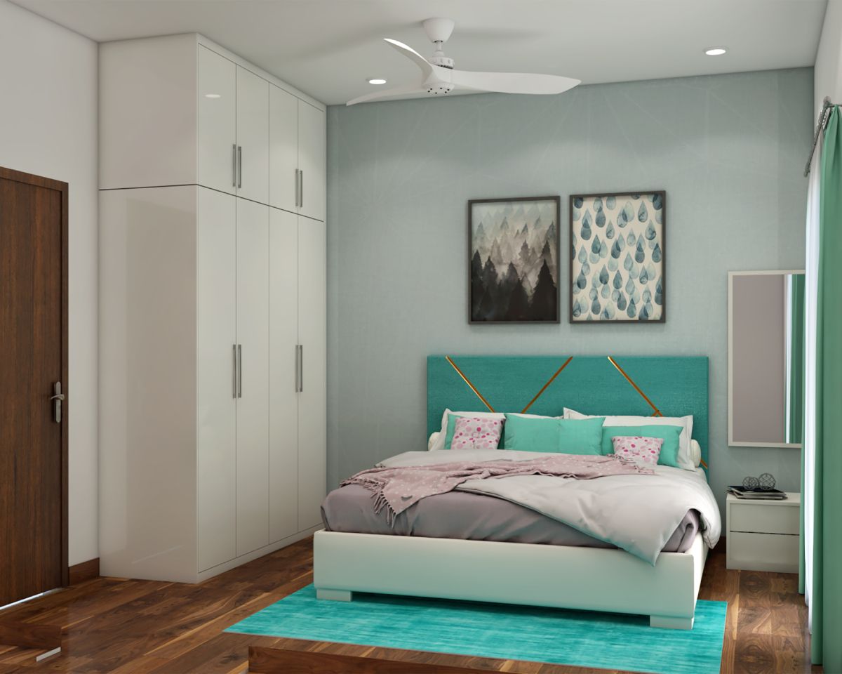 Spacious Master Bedroom Design With Green Bed Back Panel And Wooden ...