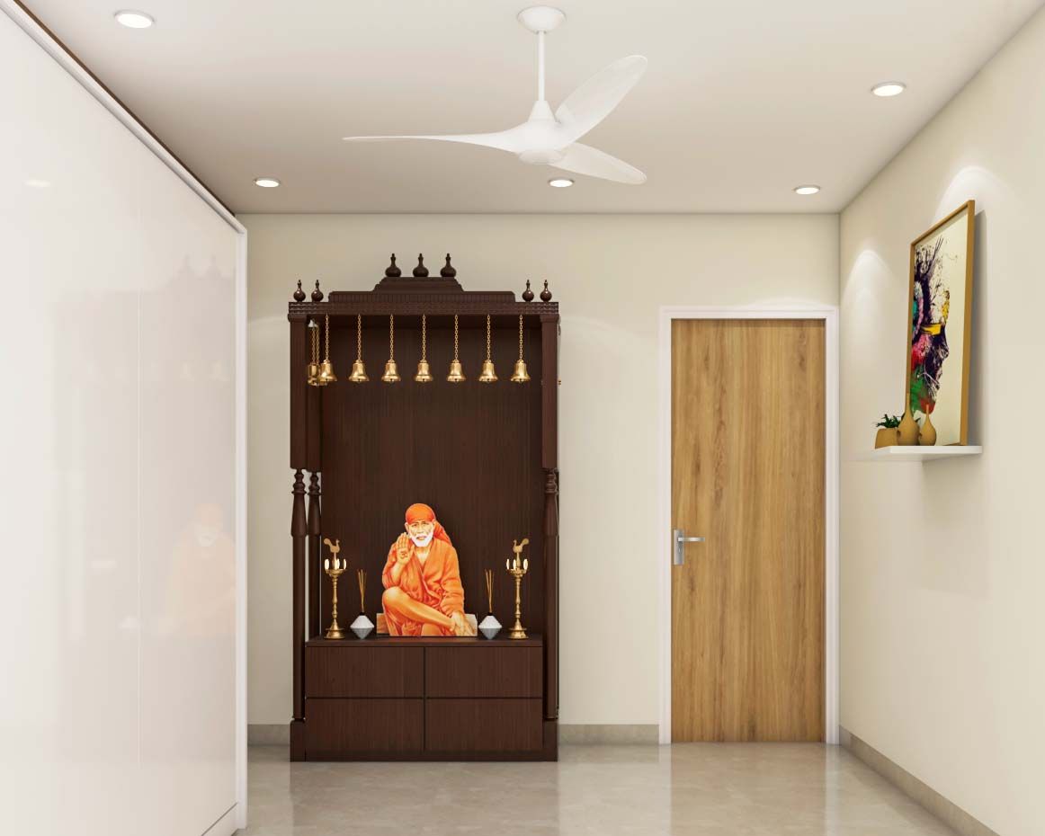 Contemporary Wooden-Themed Mandir Design With Ample Storage