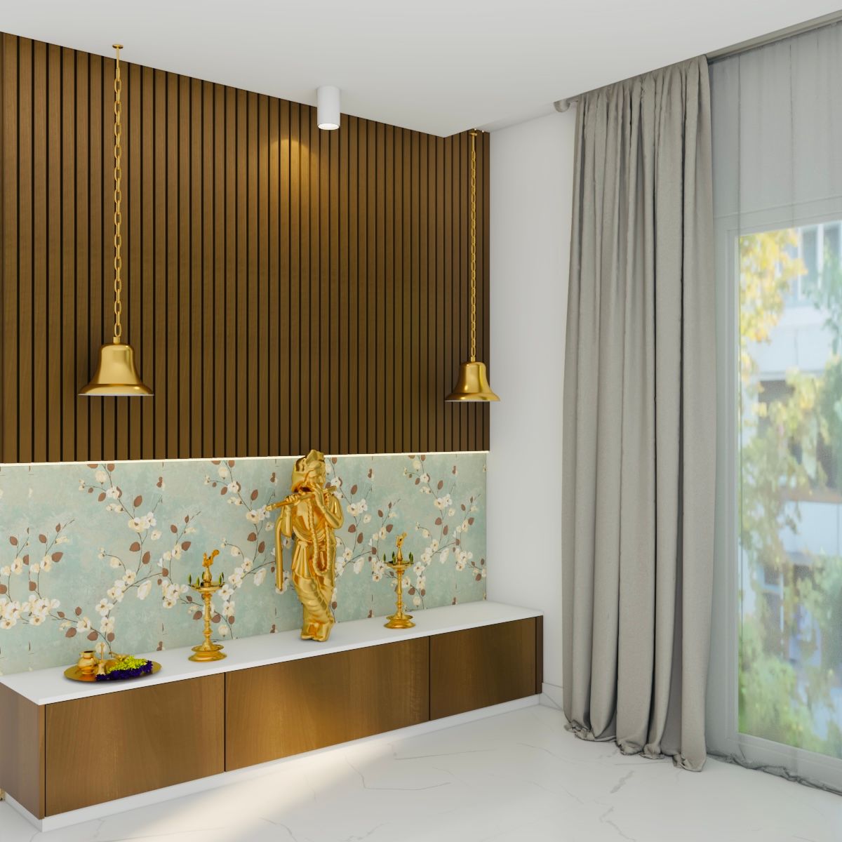 Spacious Pooja Room Design With Wooden Reapers | Livspace