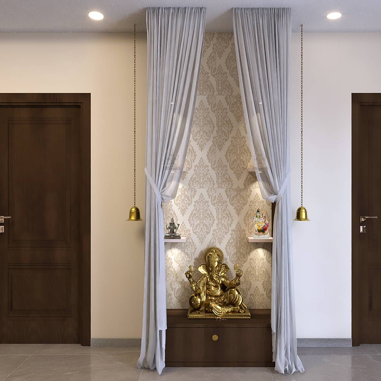 Compact Pooja Room Design With Victorian Wallpaper | Livspace