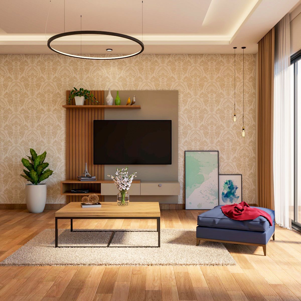 Modern TV Unit Design With Central Chandelier And Blue Accent Pouffe ...