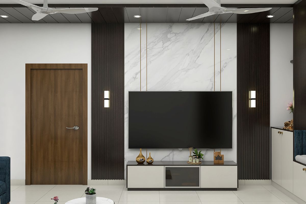Contemporary TV Unit Design With White Marble And Black Fluted Panels ...