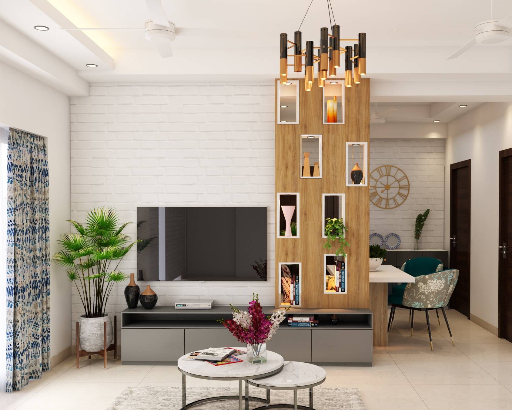 Compact Grey TV Unit Design With Wooden Panelling | Livspace
