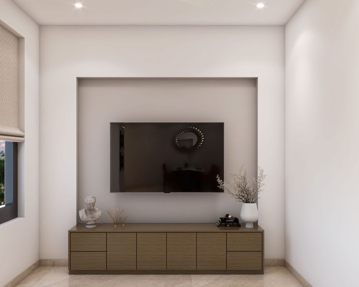 Wooden Grain Finish Modern Compact TV Unit Design | Livspace