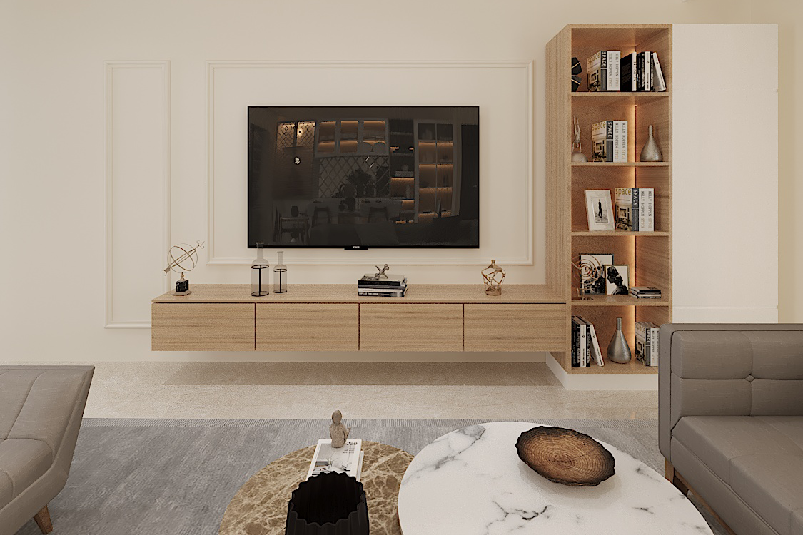 Spacious White And Wood TV Unit Design | Livspace