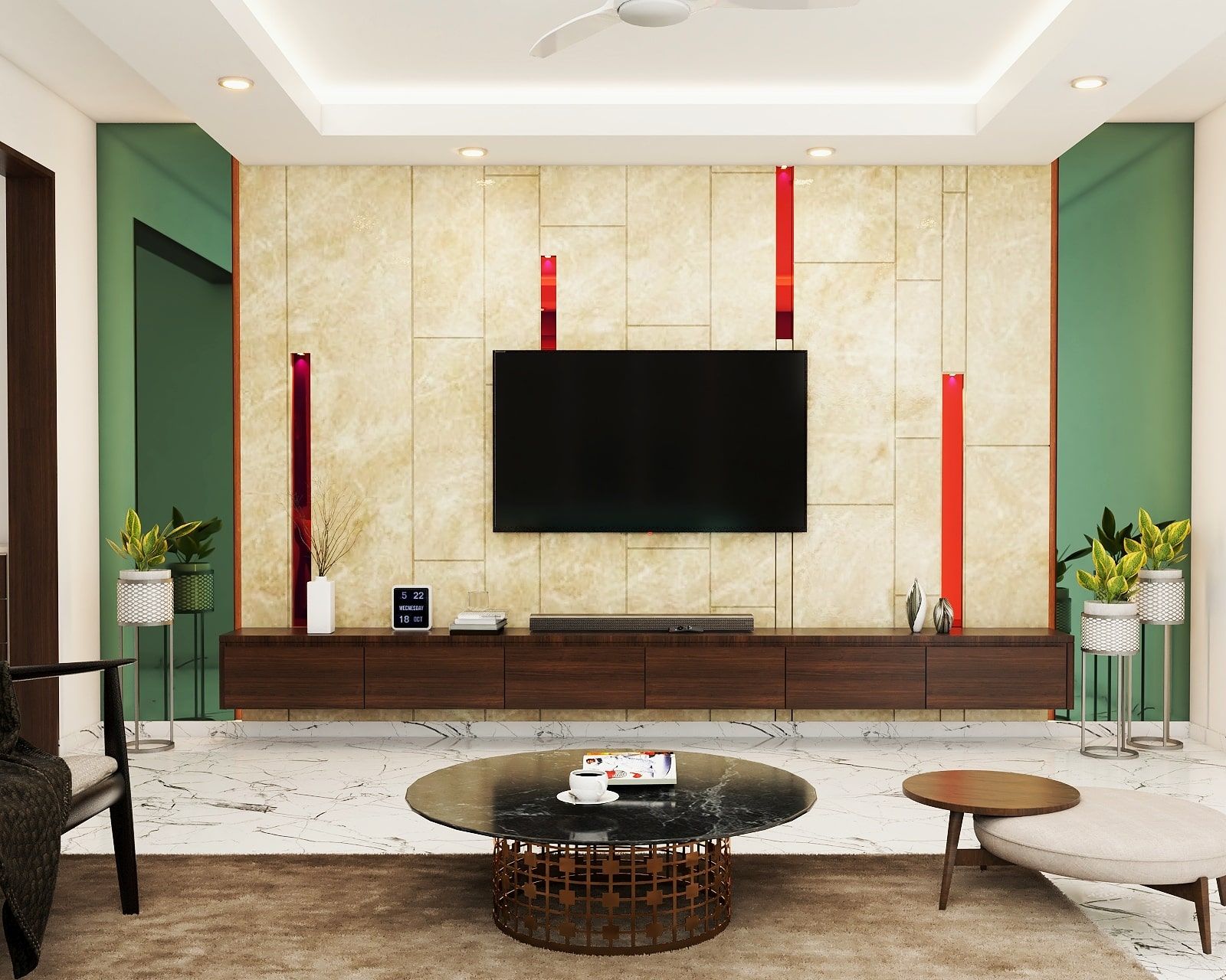 Contemporary TV Unit Design With Stone Wall Panel And Wooden Storage ...