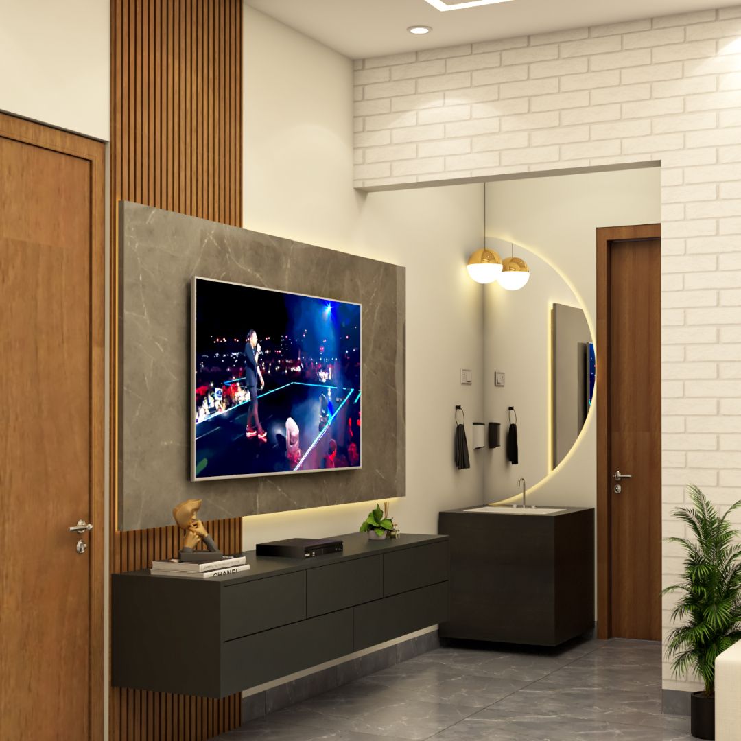 Wood Grain Modern Compact TV Unit Design | Livspace