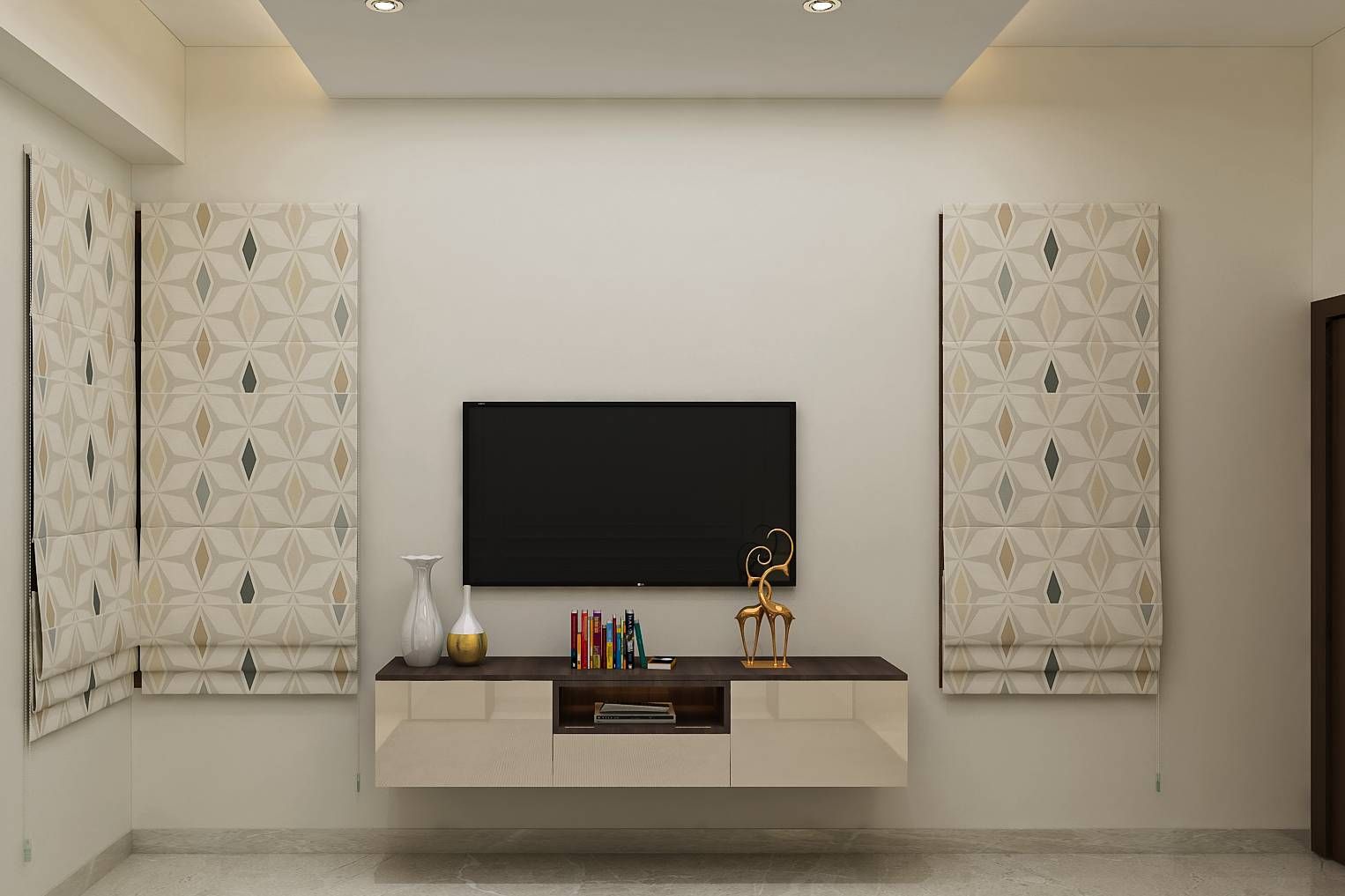 Spacious TV Unit Design With Wall-Mounted Creamy White Console Unit ...
